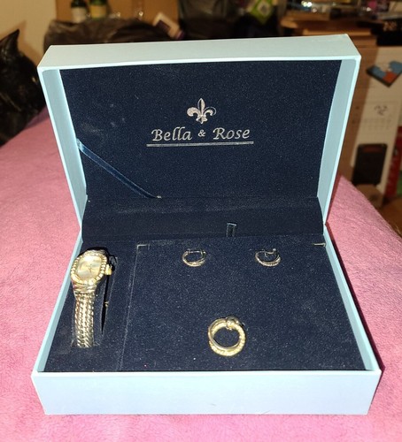 Bella & Rose Gift Box Set Watch Earrings Pendant Silver Tone Rhinestone ...