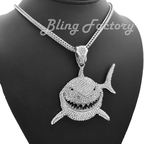 6ix9ine Large Shark Pendant 18" Franco & Iced Cuban Chain Hip Hop ...