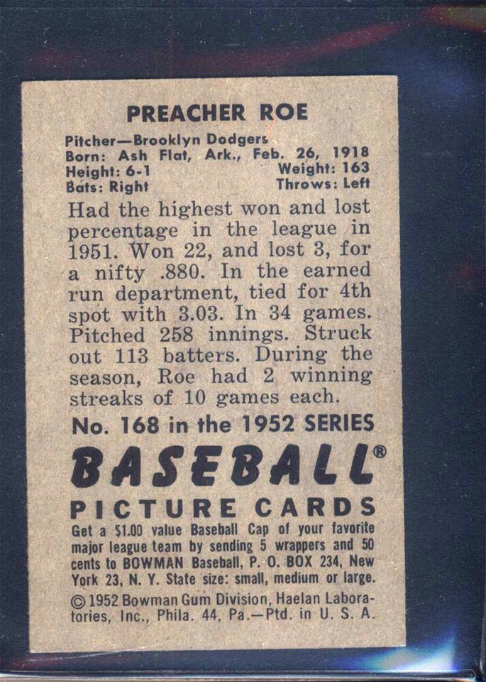 1952 Bowman #168 Preacher Roe Dodgers (EX/MT) | eBay