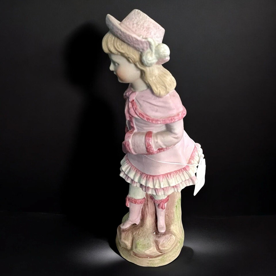 Antique German Bisque Porcelain Girl Figurine Pink Coat Bonnet 12 Inch ...