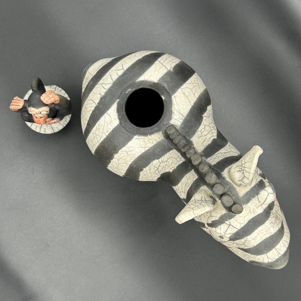 Peter Alsen Raku Pottery Oregon Zebra with Monkey Vessel Whimsical ...