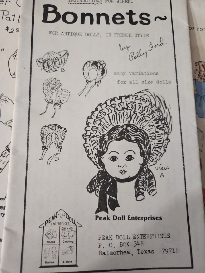Vintage Sewing Pattern Instructions of Wired Bonnets Dolls Peak Dolls ...