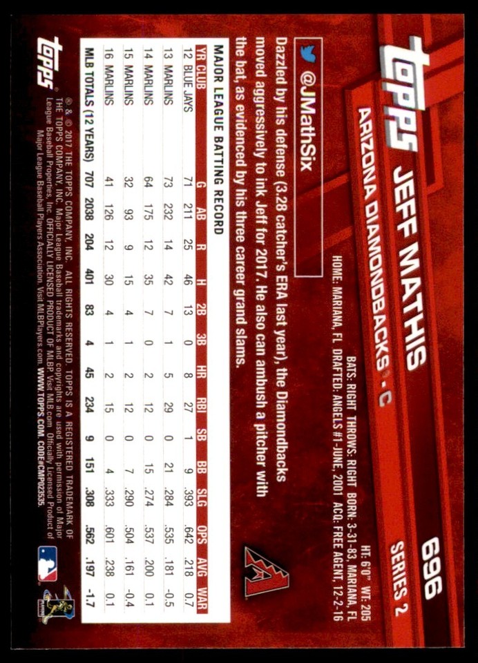 2017 TOPPS #696 JEFF MATHIS ARIZONA DIAMONDBACKS | eBay
