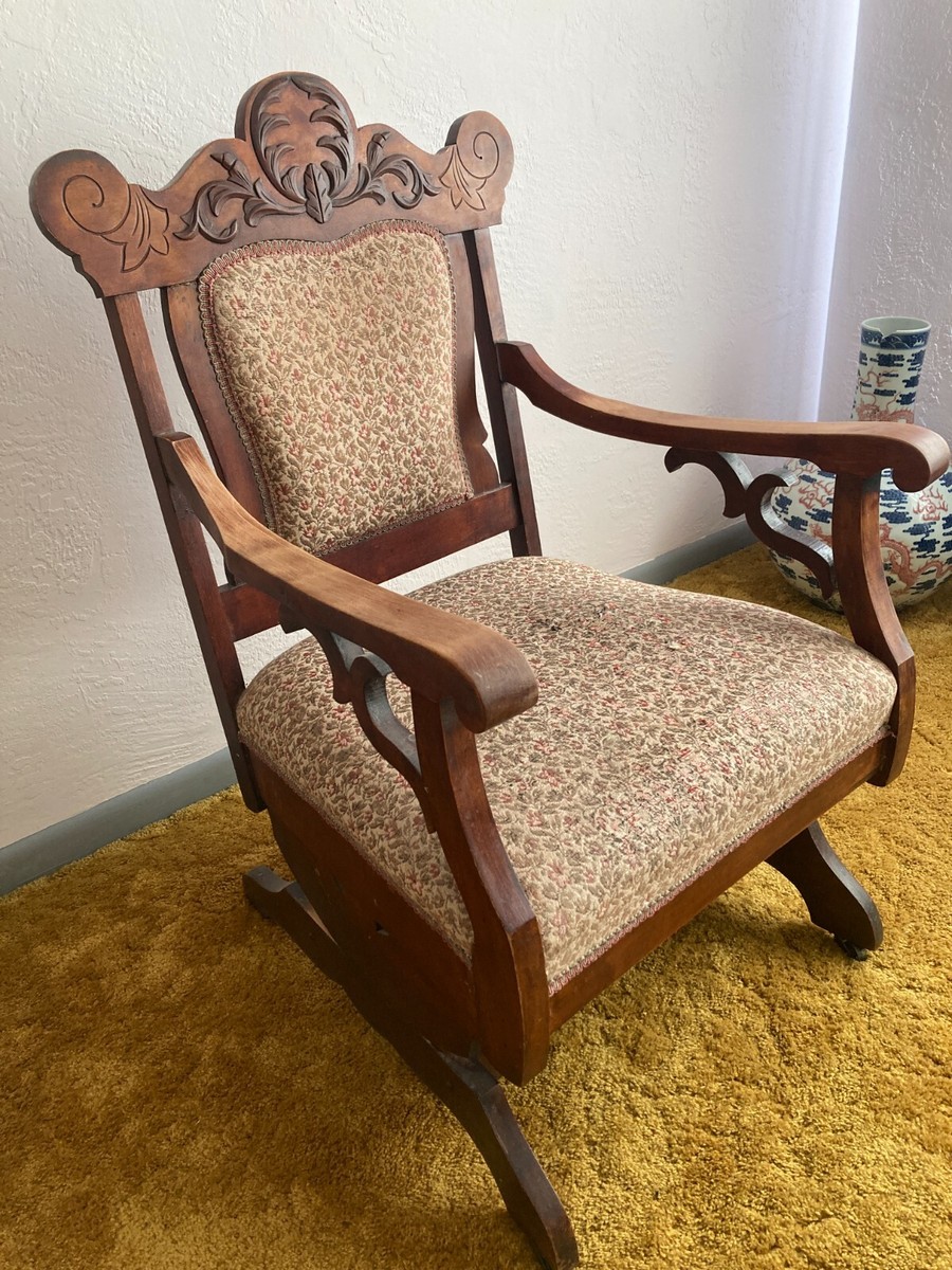 ANTIQUE ROCKING CHAIR CRAFTED W FLORAL PRINT CLOTH SEAT BACK eBay