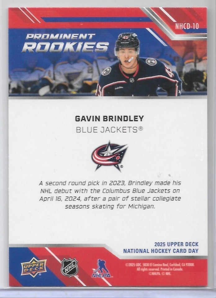 GAVIN BRINDLEY 24-25 UD NATIONAL HOCKEY CARD DAY PROM. RC/COLORADO ...