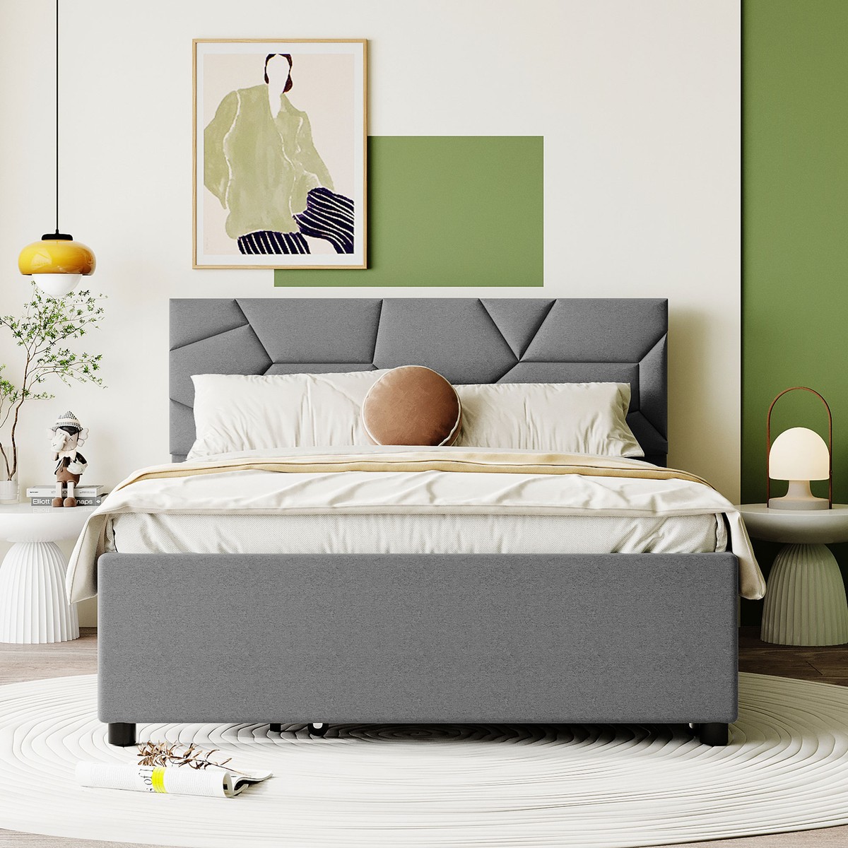 Full Upholstered Platform Bed w Brick Pattern Headboard Twin Trundle Linen 03AAE