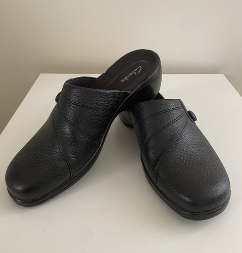 Clark’s Women’s Shoes Clogs Mules Slide On Black Pebble Leather Closed ...