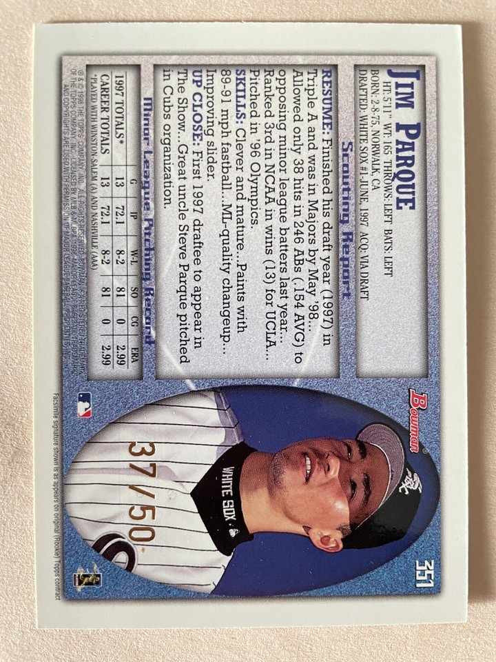 1998 Bowman Gold 351 Jim Parque Chicago White Sox Rookie Baseball Card ...