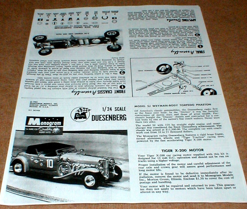 Monogram Duesenberg 1965 Slot Car Racing 1/24 Instruction Sheet PHOTO ...