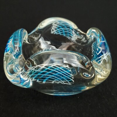 Vtg Murano Glass Bowl or Ashtray w/Scattered Turquoise & White Garza ...
