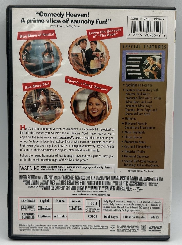 American Pie DVD Widescreen Unrated Collectors Edition Jason Biggs 1999 ...