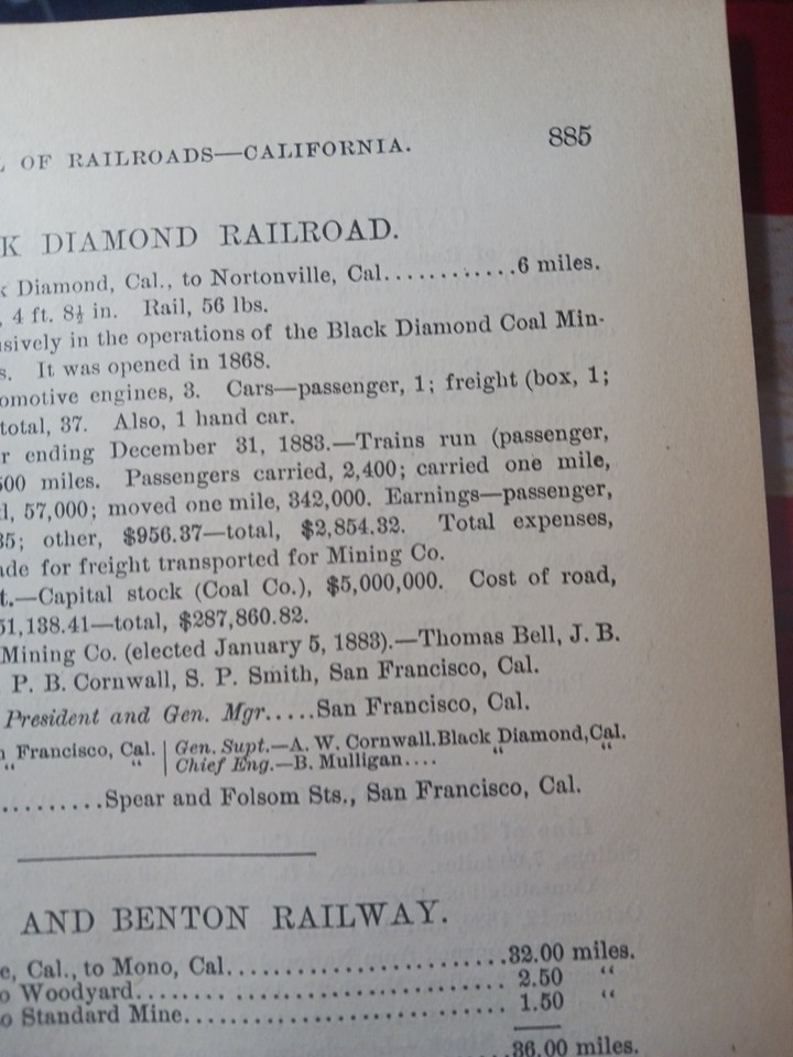 ~1884 California Train Reports BLACK DIAMOND RAILROAD Bodie & Benton ...