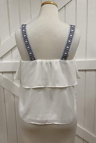 J Crew 4 White Navy Embroidered Tank Top Tiered Layer Blouse Wide Strap ...