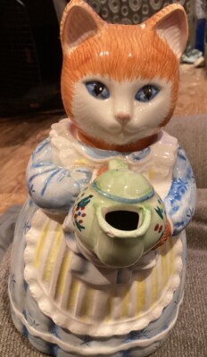 VTG Avon Cat Ceramic Teapot Kitty in Blue Dress Holding Tea Kettle 1992 ...