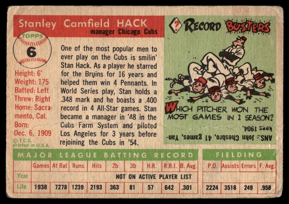 1955 Topps Baseball Card Stan Hack RC Chicago Cubs #6 Good | eBay