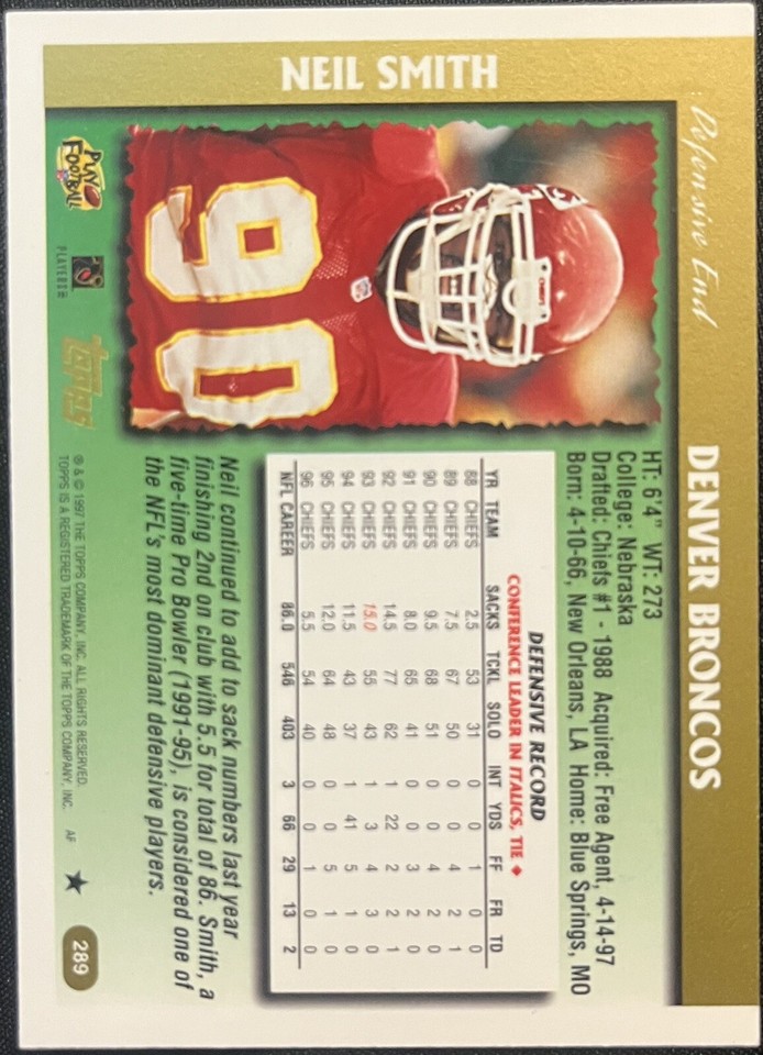 Kansas City Chiefs Neil Smith 1997 Topps Signed Card #289 | eBay