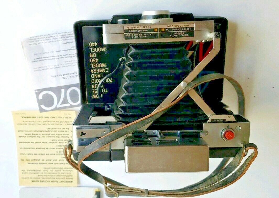 POLAROID 450 Automatic LAND CAMERA + Flash + Instructions Leather Strap ...
