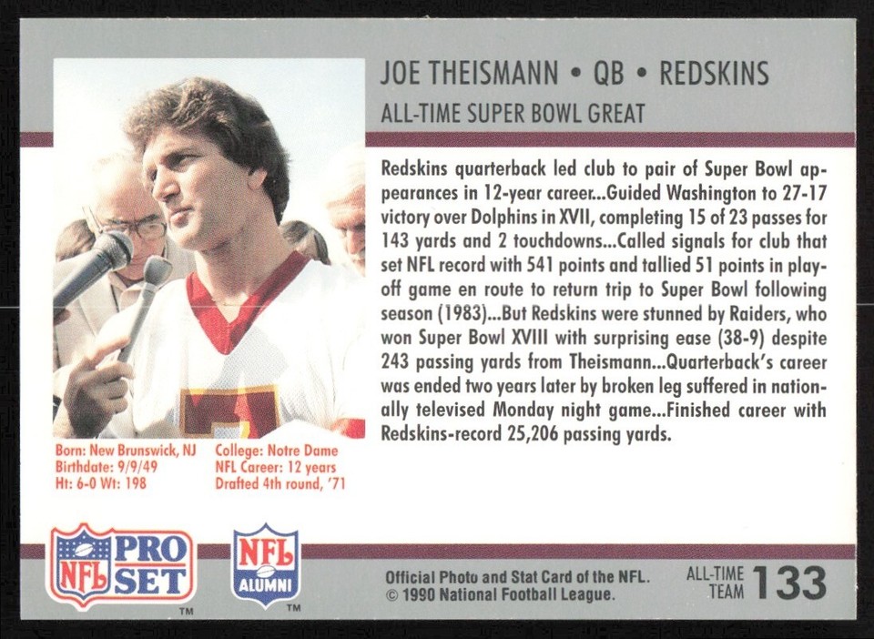 1990 Pro Set Super Bowl Supermen Joe Theismann #133 Washington Redskins ...