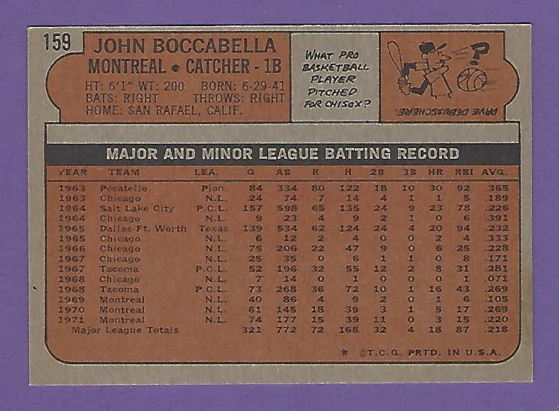 1972 Topps - #159 John Boccabella - Montreal Expos - NrMt | eBay