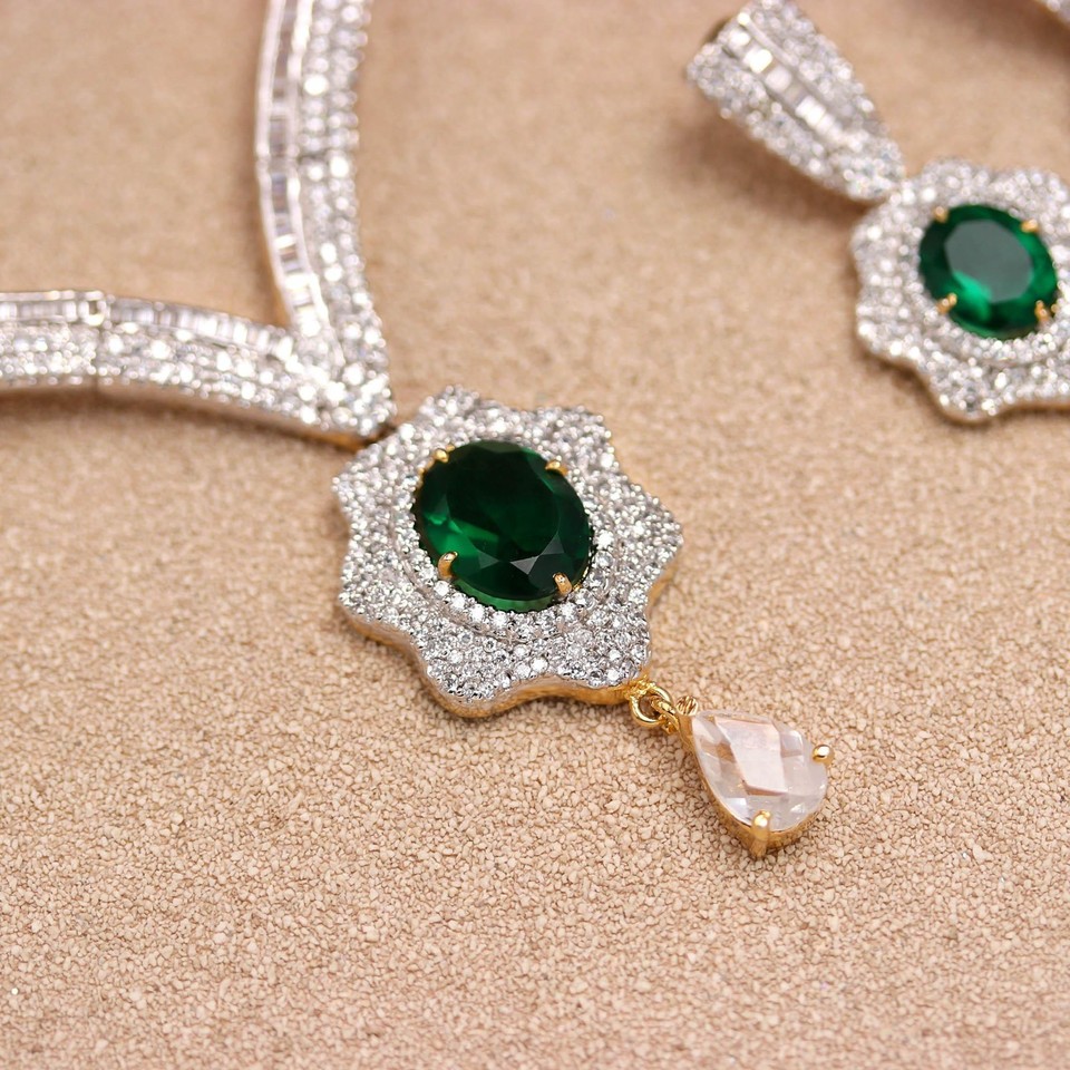 Emerald Green White CZ V Neck Necklace Earrings Set Gold Plated Wedding ...