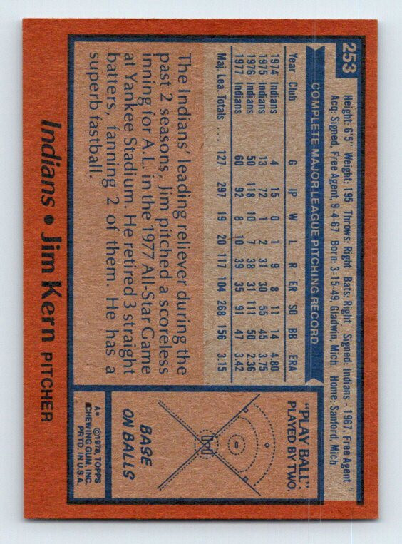 JIM KERN Cleveland Indians 1978 Topps Baseball Card B208 | eBay
