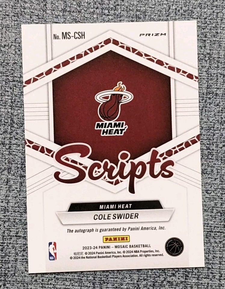 COLE SWIDER 2023-24 Panini Mosaic Auto Scripts Miami Heat #MS-CSH card ...