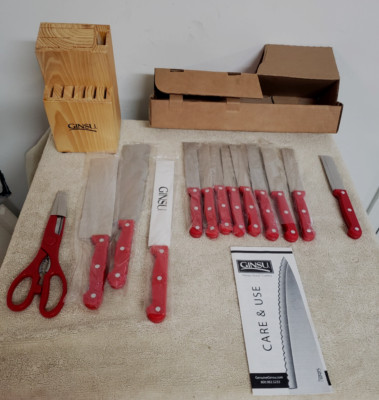 GINSU Kiso Dishwasher Safe Red 14 Pc Knife Set w Natural Wood Block ...