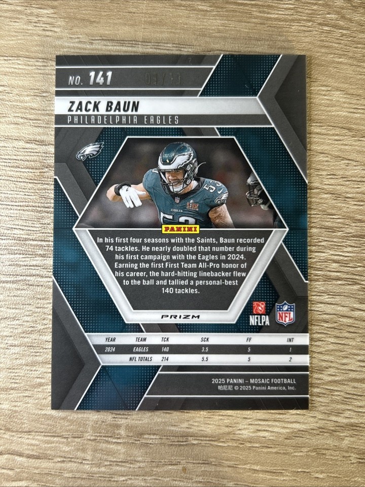 2025 Mosaic ZACK BAUN FOTL Spectris Green Prizm /13 Philadelphia Eagles ...