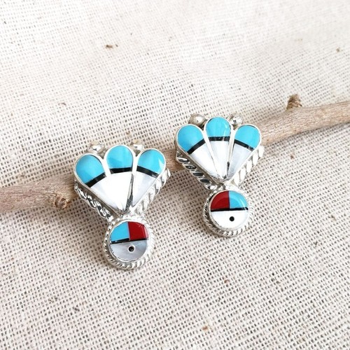 Navajo Shiny Sterling Silver Turquoise White Shell Inlay Sunface Post ...