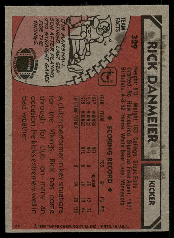1980 Topps C Rick Danmeier #329 NM-MT Or Better Sharp Minnesota Vikings ...