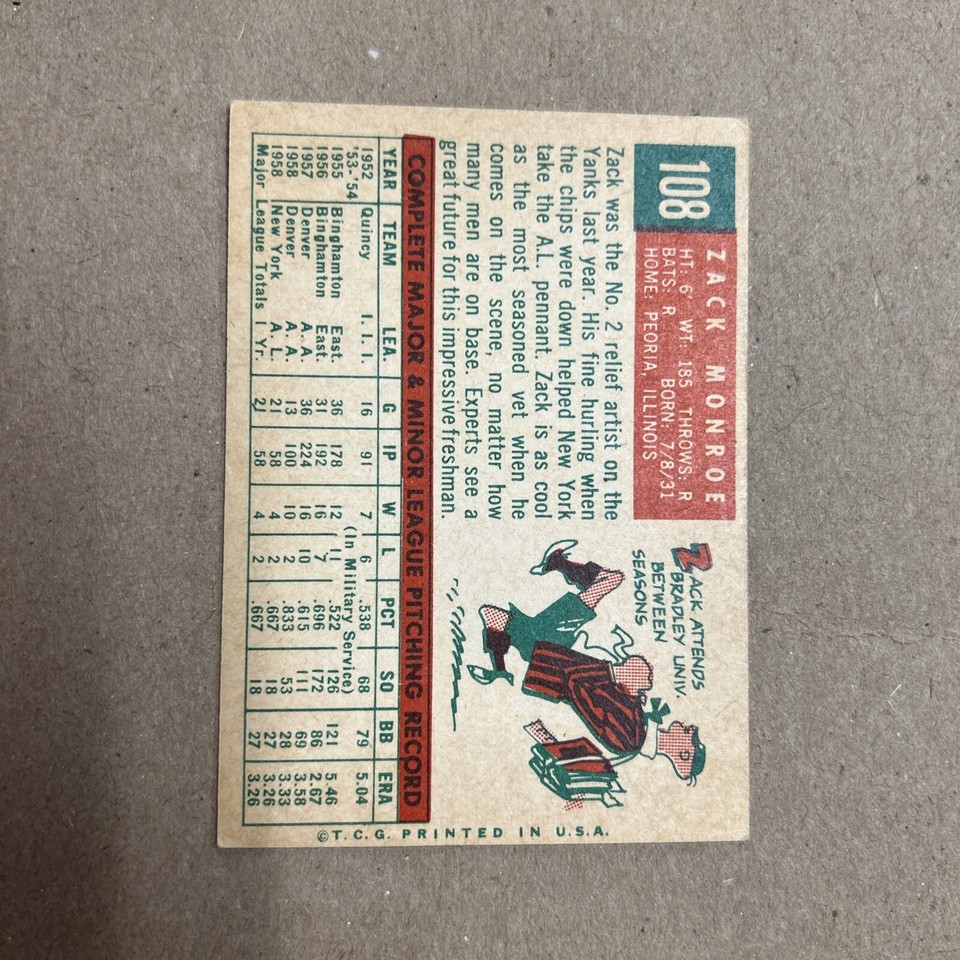 1959 Topps Zack Monroe New York Yankees Card #108 | eBay