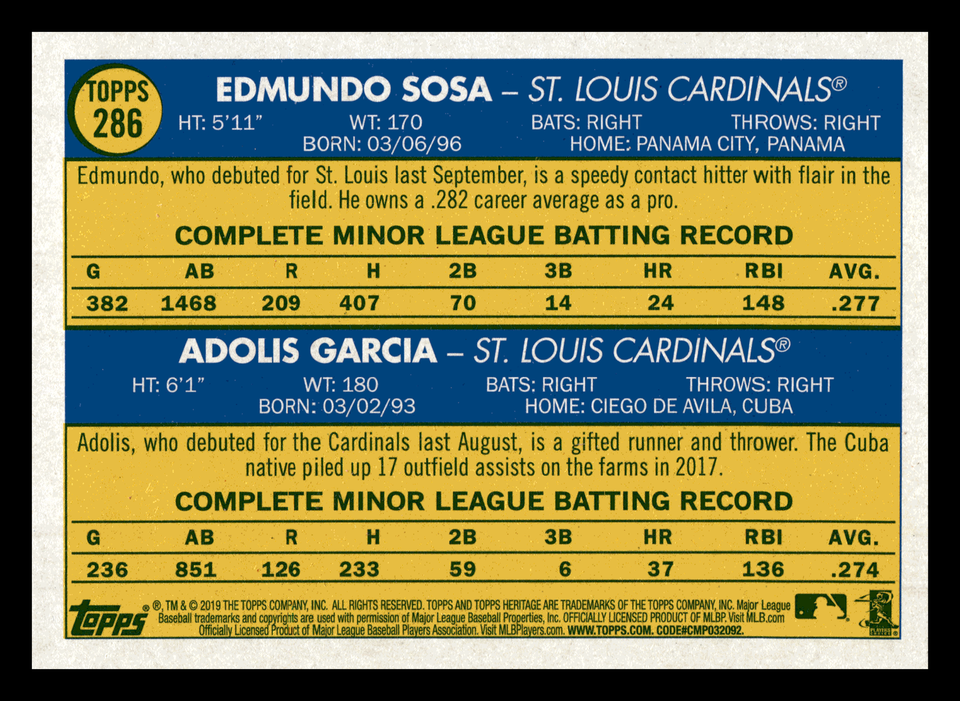 Adolis Garcia RC 2019 Topps Heritage #286 St. Louis Cardinals Rookie ...