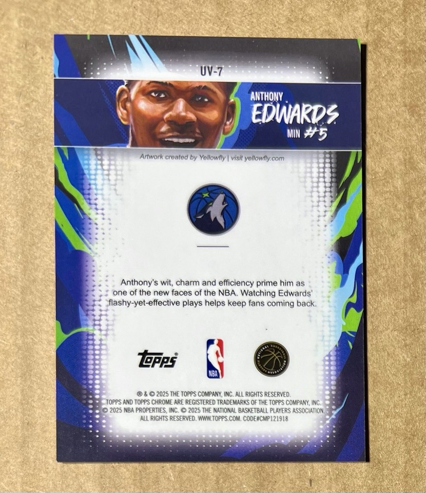 2025-26 TOPPS CHROME BASKETBALL ANTHONY EDWARDS UV-7 ULTRA VIOLET CASE ...