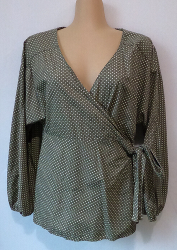 CONCHITA Grey polka dot long sleeve v-neck cotton wrap top. Size S ...