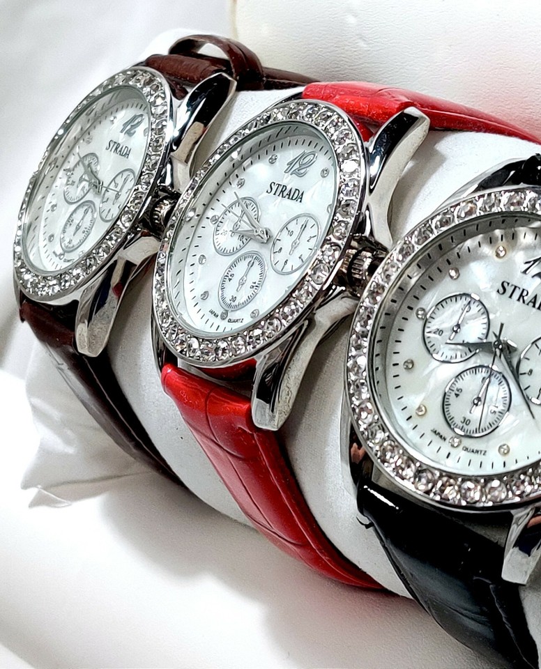 NEW Strada 1921844 Womens 3-Watch Set Black Red Brown Wristbands MOP ...