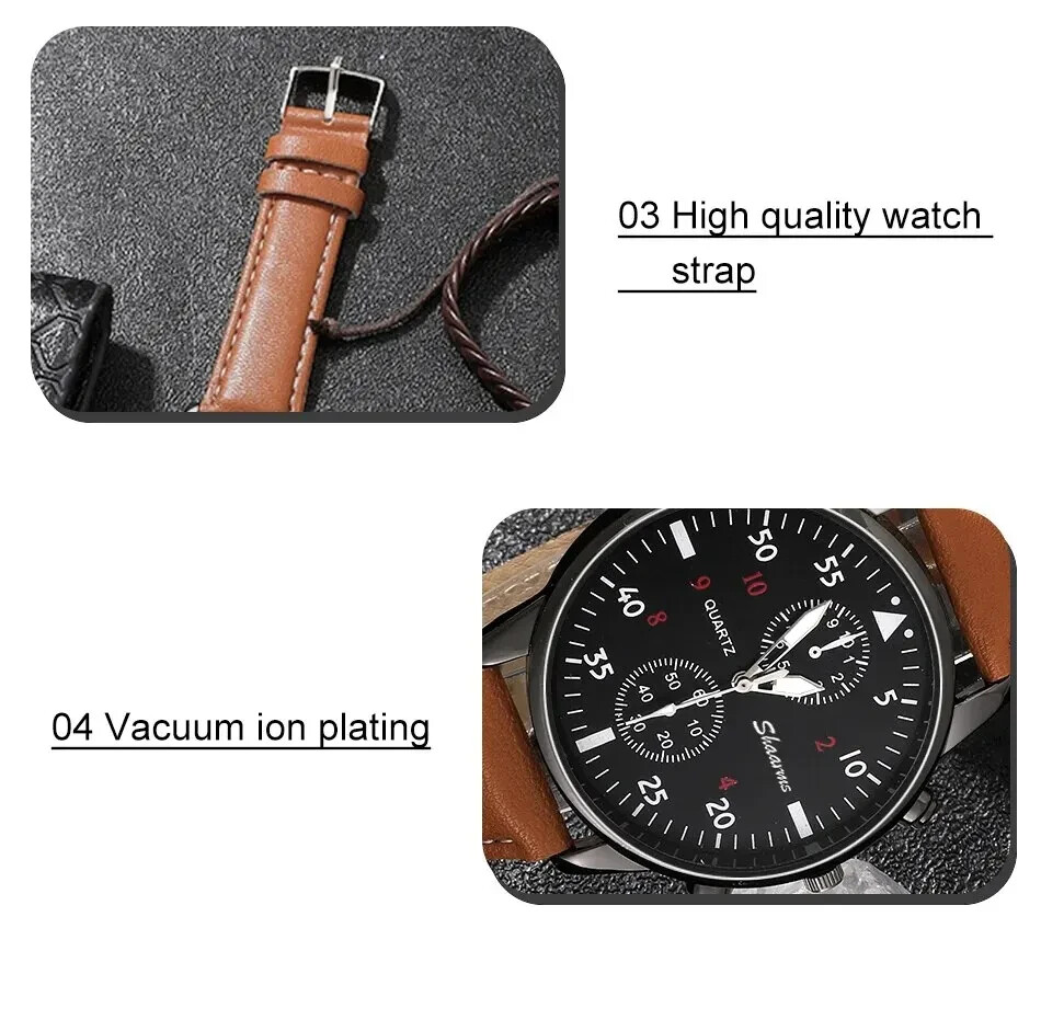 4 pc men's luxury black face sport watch & bracelet set leather strap ...