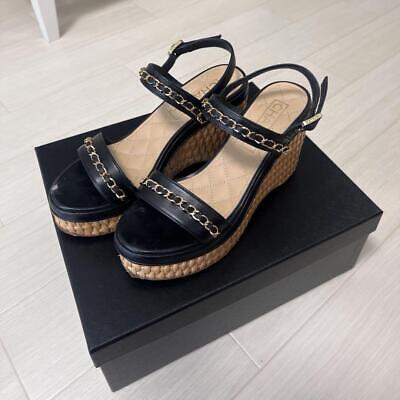 CHANEL Wedge Sole Sandals Black Strap Gold Hardware Size 37 CHANEL Wedge Sole Sandals Black Strap Gold Hardware Size 37