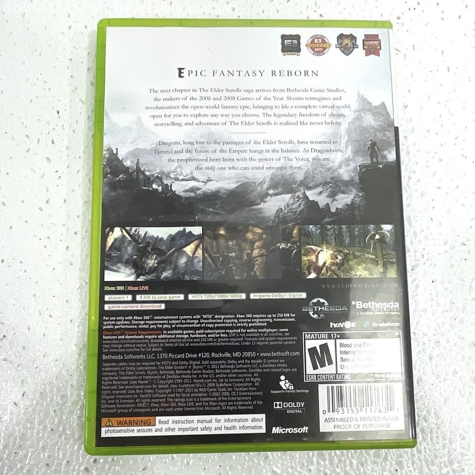 Bethesda The Elder Scrolls V Skyrim Xbox 360 Game Case Manual Disc Good ...