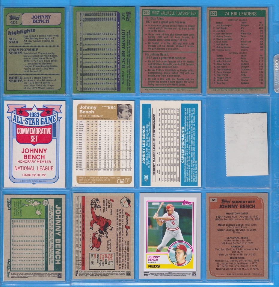 Johnny Bench Lot (12 cards) Rookie Reprint 1975 Topps RBI #308 ...