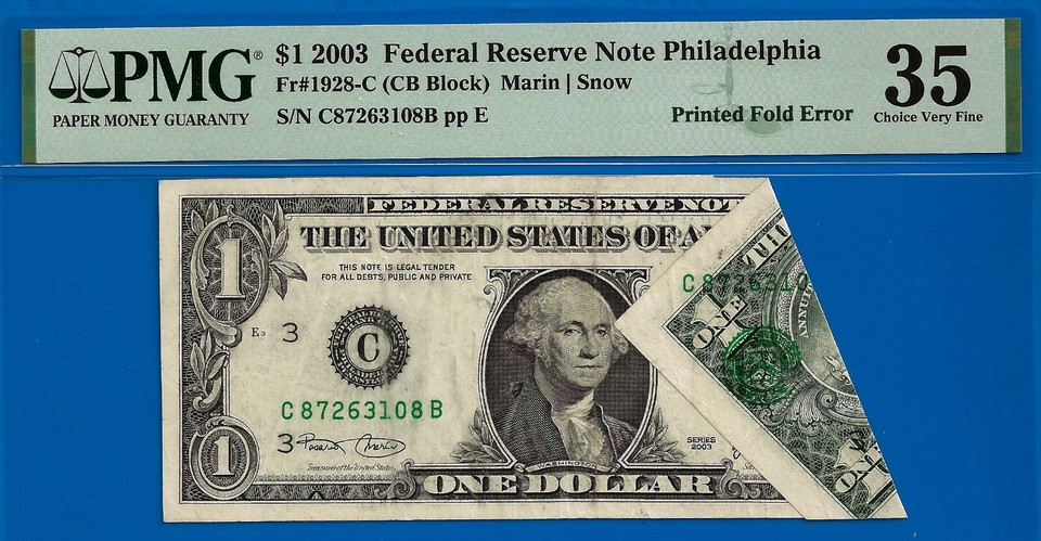 2003 $1 Federal Reserve Note PMG 35 wanted error printed fold over ...