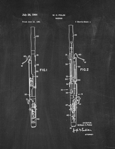 BASSOON PRINT 11 x 14" /FRAME A PATENT/ POSTER BLACK WHITE WOODWIND ART ...