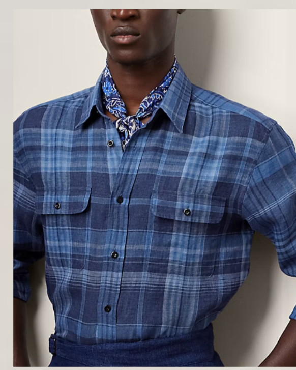 Ralph Lauren Purple Label 100% Linen Plaid Shirt L Indigo Blue Mix ...