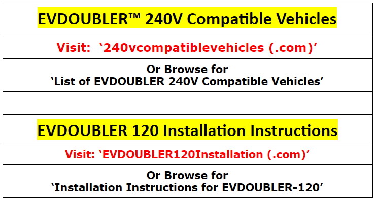 List of EVDOUBLER 240V Compatible Vehicles Level 2 EVSE Upgrade Charge ...