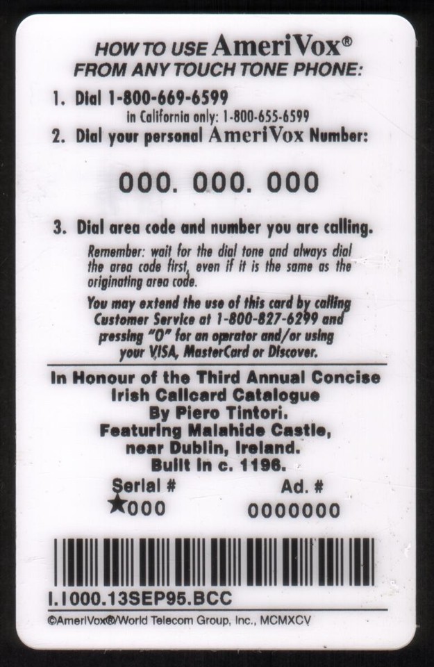 CardEx '95 Malahide Castle & Concise Irish Callcard Cat. SPECIMEN Phone ...