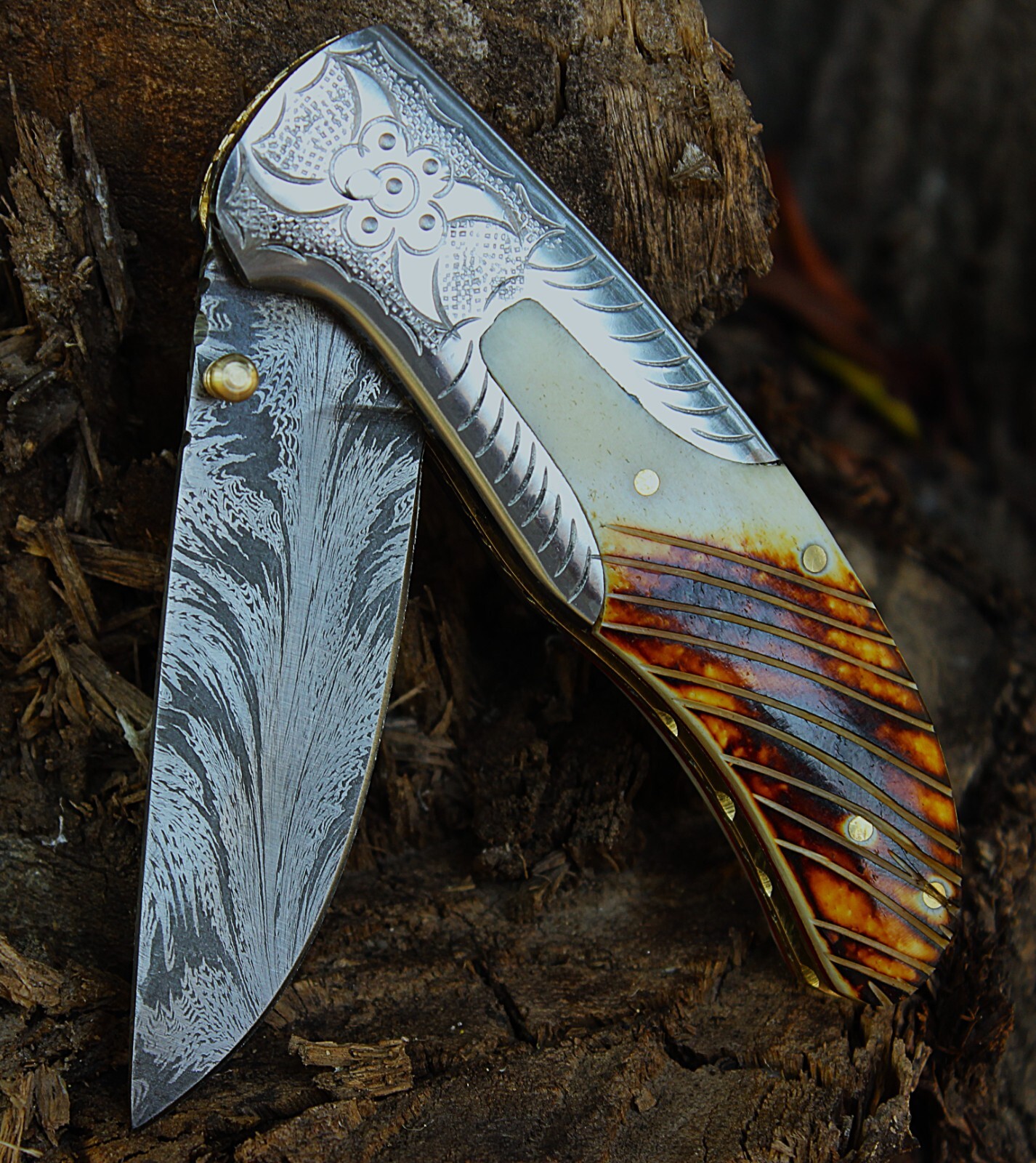 Handmade Feather Damascus steel Liner Lock pocket Folding Outdoor ...