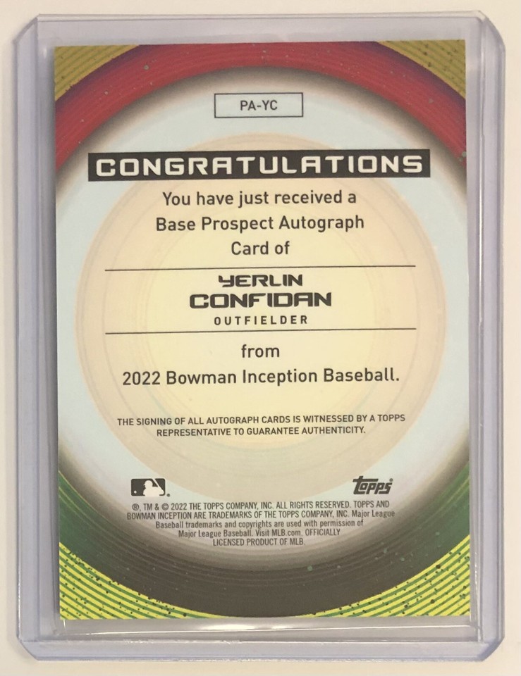 YERLIN CONFIDAN 2022 BOWMAN INCEPTION BASEBALL PROSPECT AUTO BLUE /99 ...