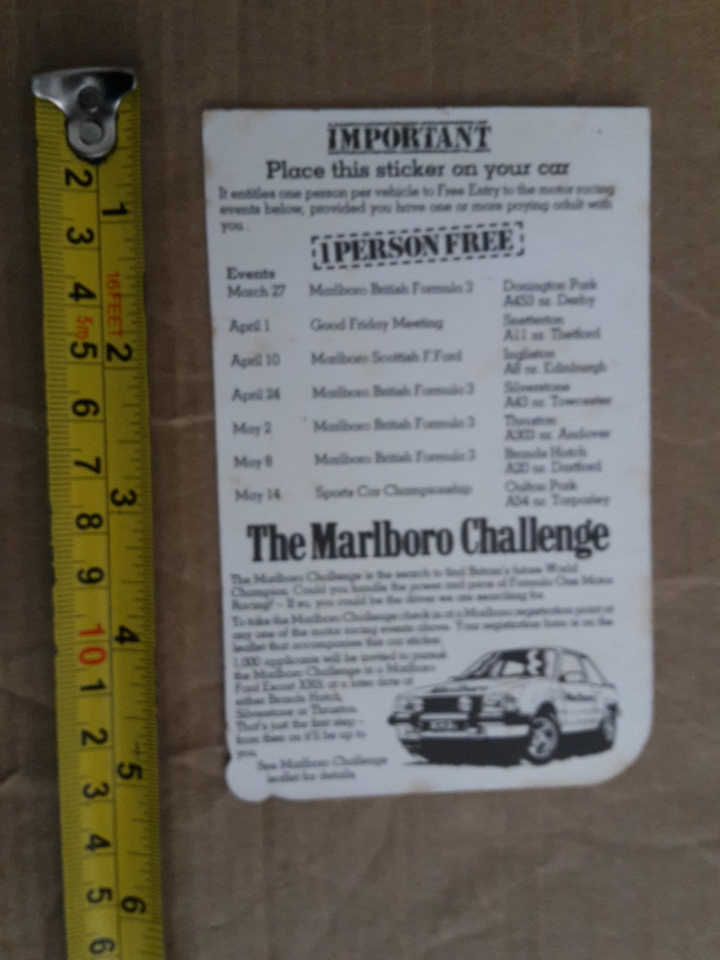 THE MARLBORO CHALLENGE Motor Racing Original STICKER F1 Ford Escort XR3 ...