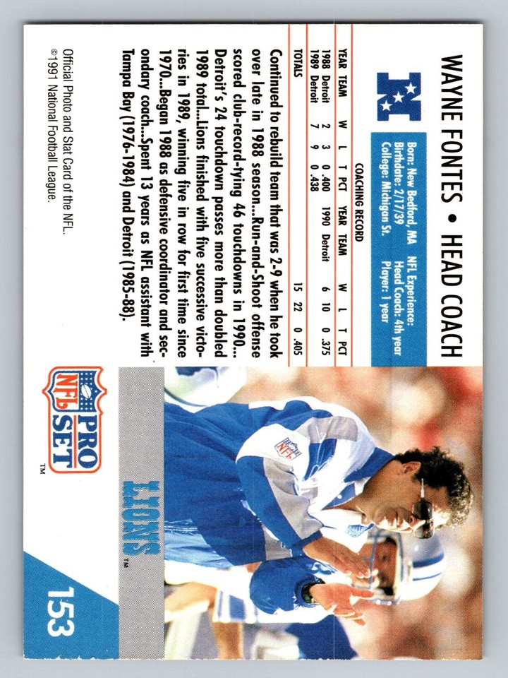 1991 Pro Set #153 Wayne Fontes CO Detroit Lions | eBay