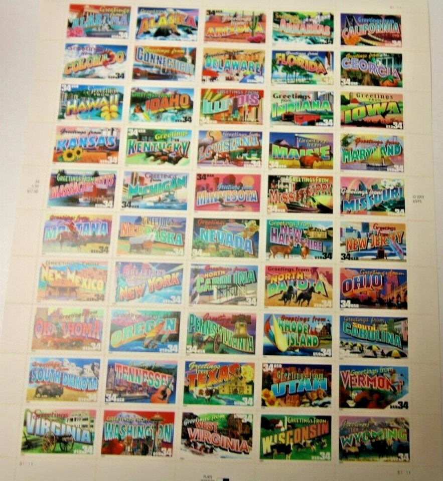 2001 STAMP SET GREETINGS FROM EACH STATE 50 STATE SET VERY RARE UNITED ...
