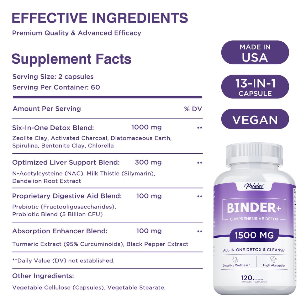 Binder 1500mg - Activated Carbon, Zeolite - Detox Support, Natural ...